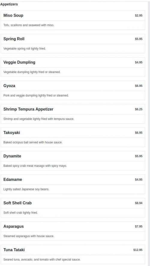 Sushi Pink menu in Chicago, Illinois, USA