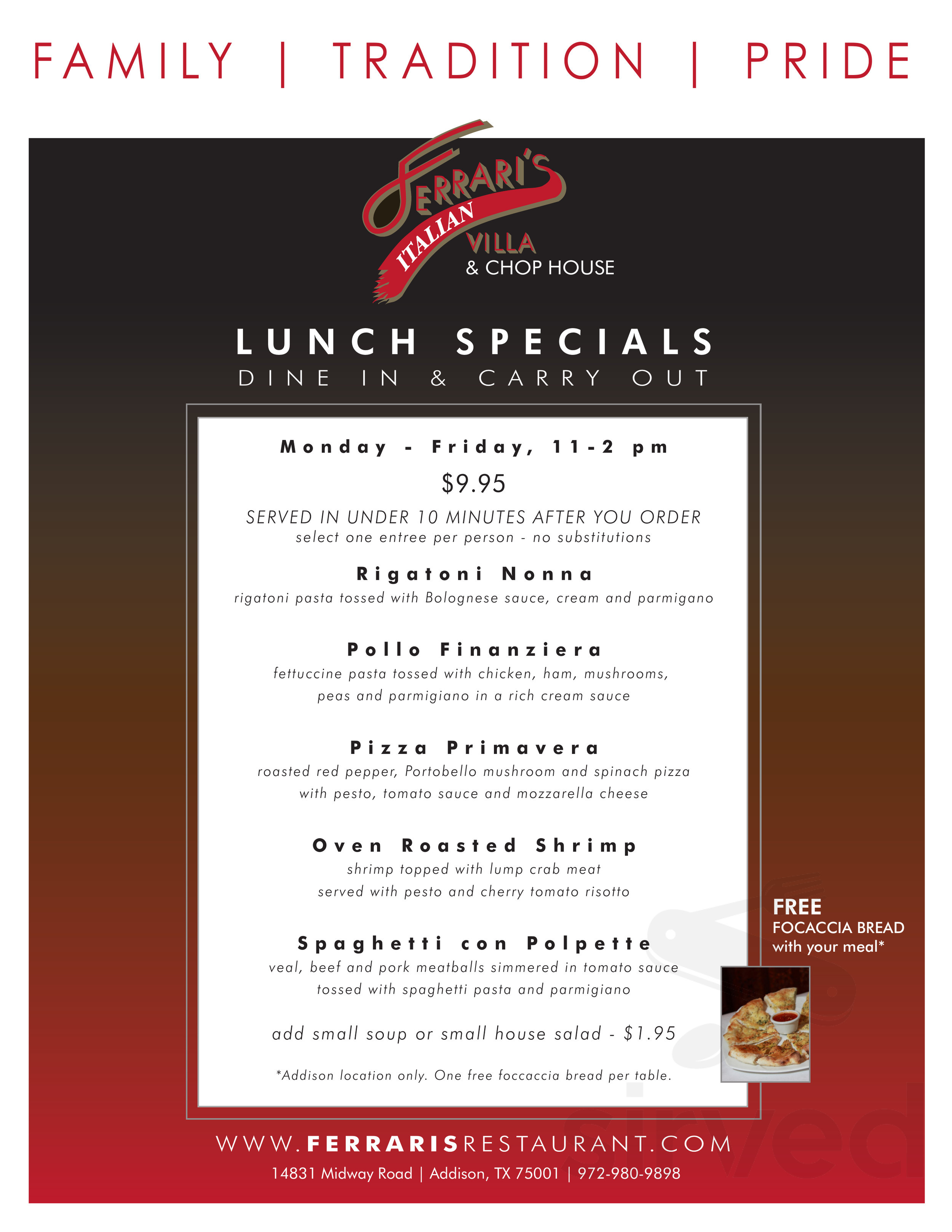 Ferrari's Italian Villa & Chop House menu in Grapevine, Texas, USA