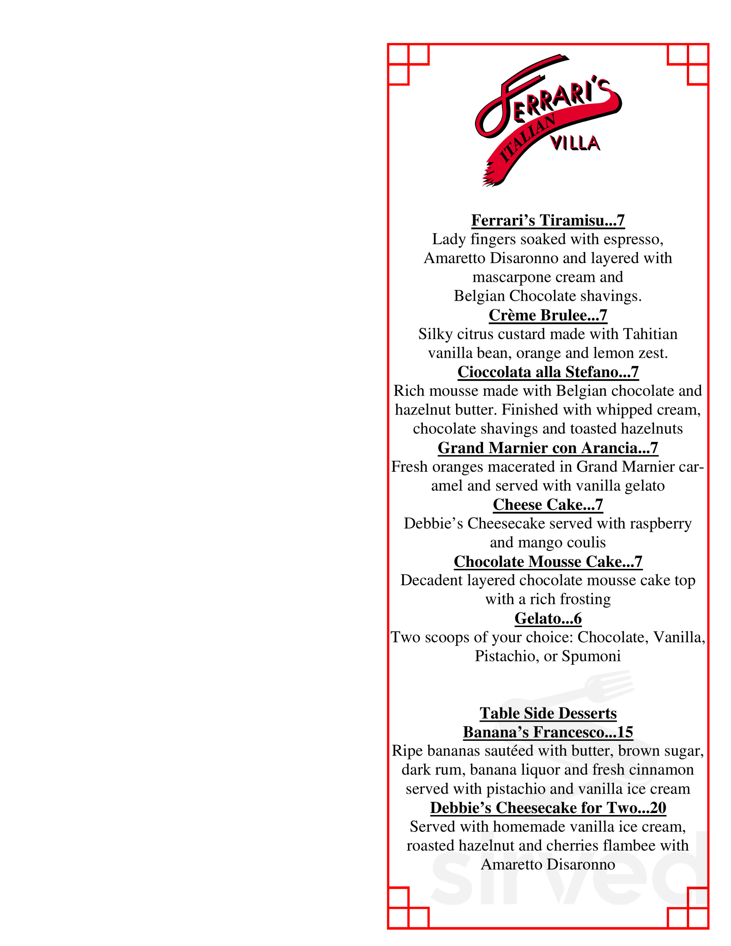 Ferrari's Italian Villa & Chop House menu in Grapevine, Texas, USA
