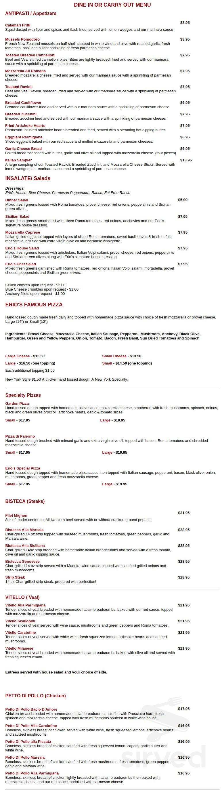 Menu for Erio's Ristorante in St Peters, MO | Sirved
