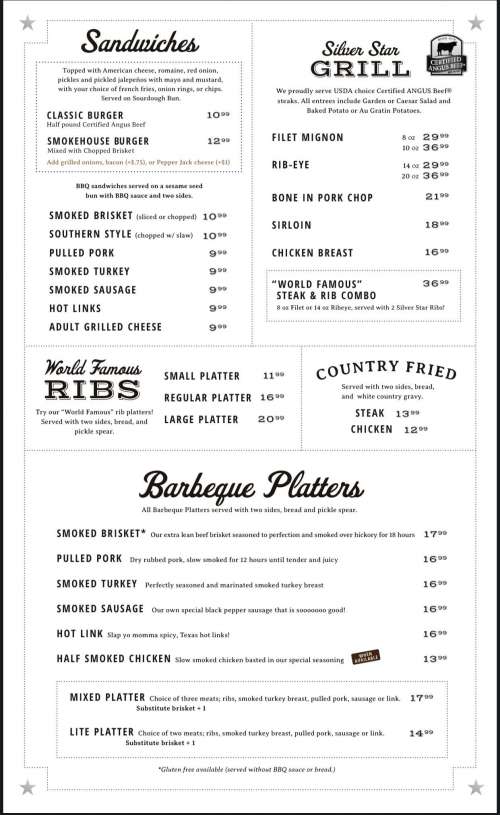 Silver Star Smokehouse menu in Texarkana, Texas, USA