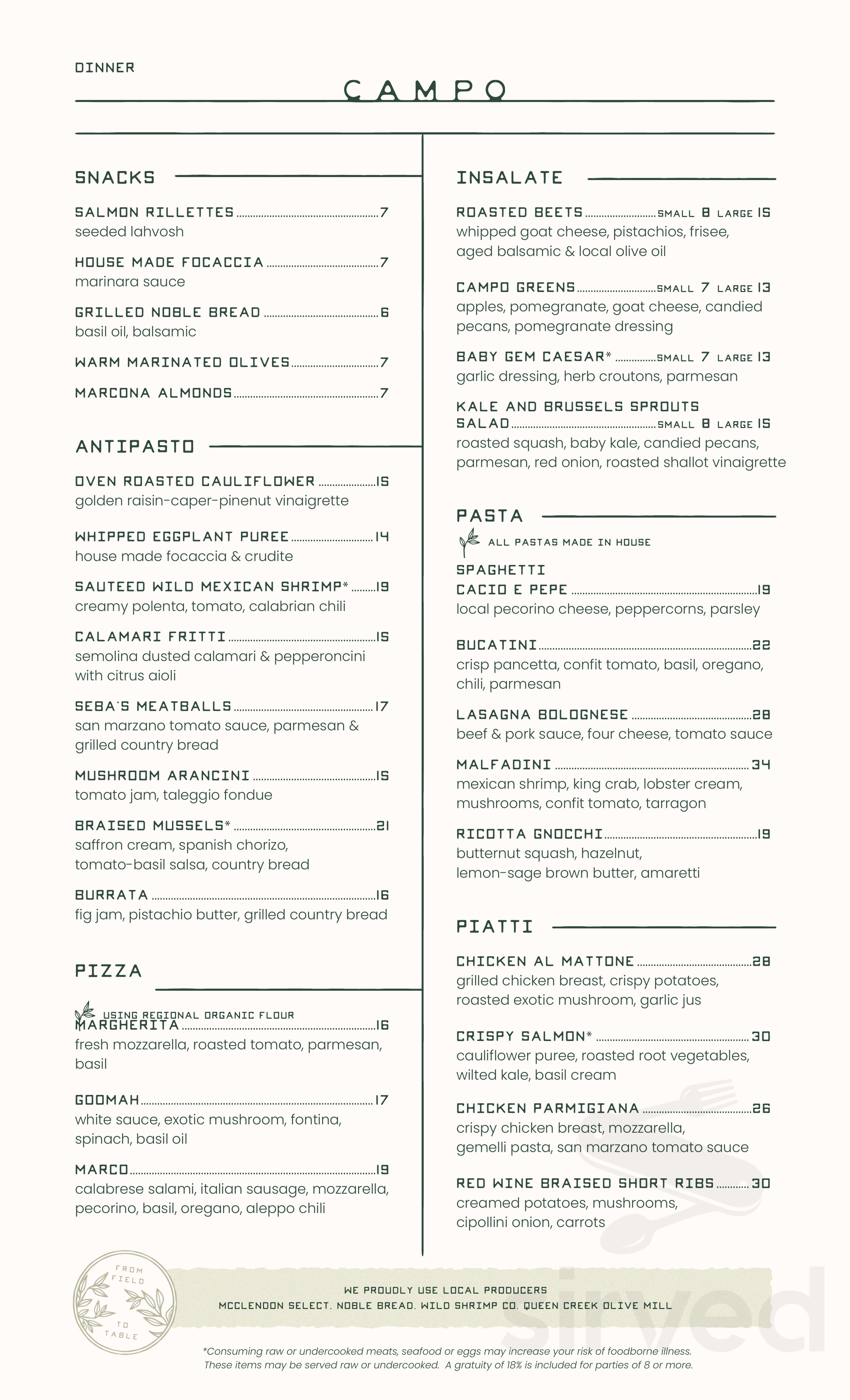 Campo Italian Bistro & Bar menu in Scottsdale, Arizona, USA