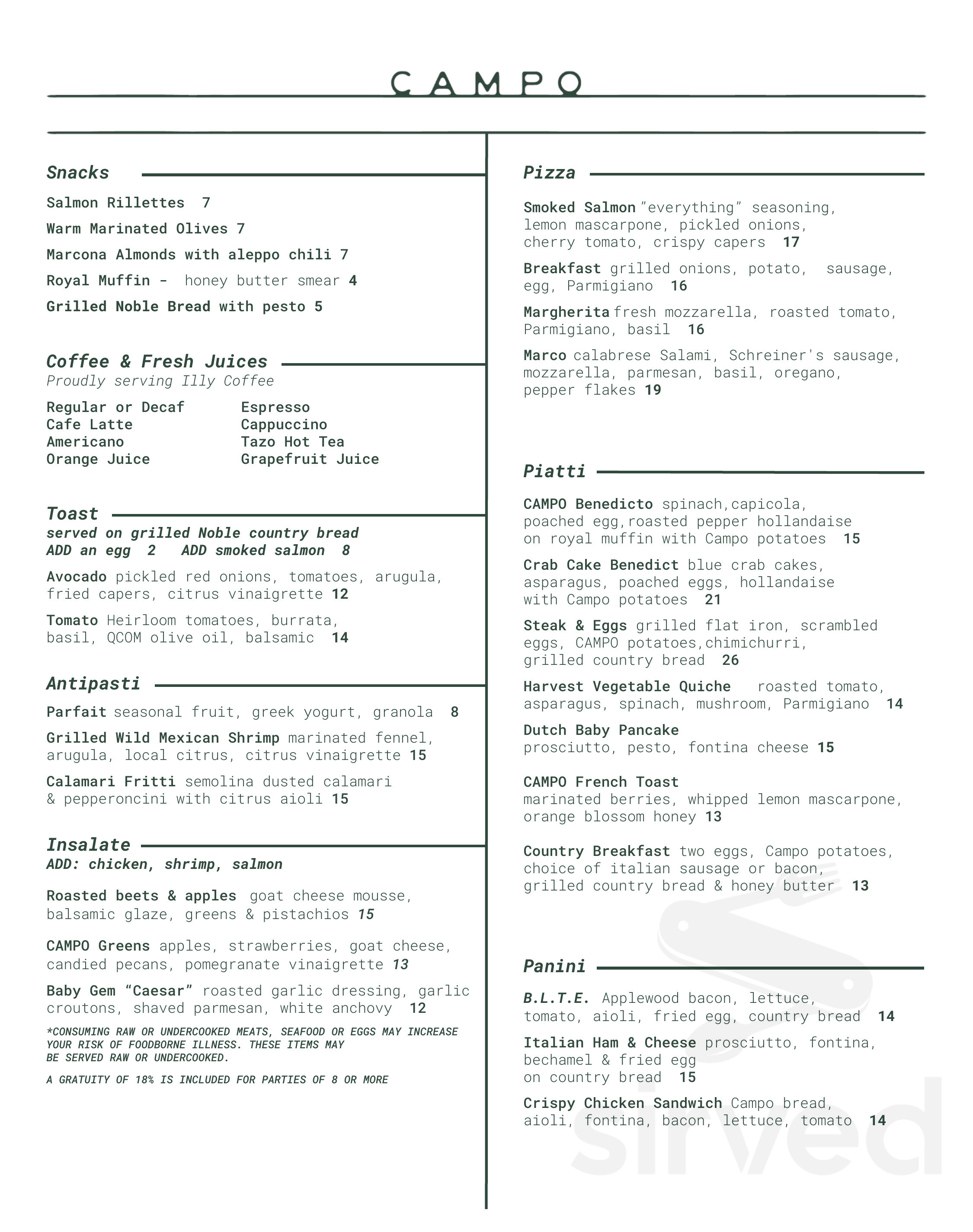 Campo Italian Bistro & Bar menu in Scottsdale, Arizona, USA