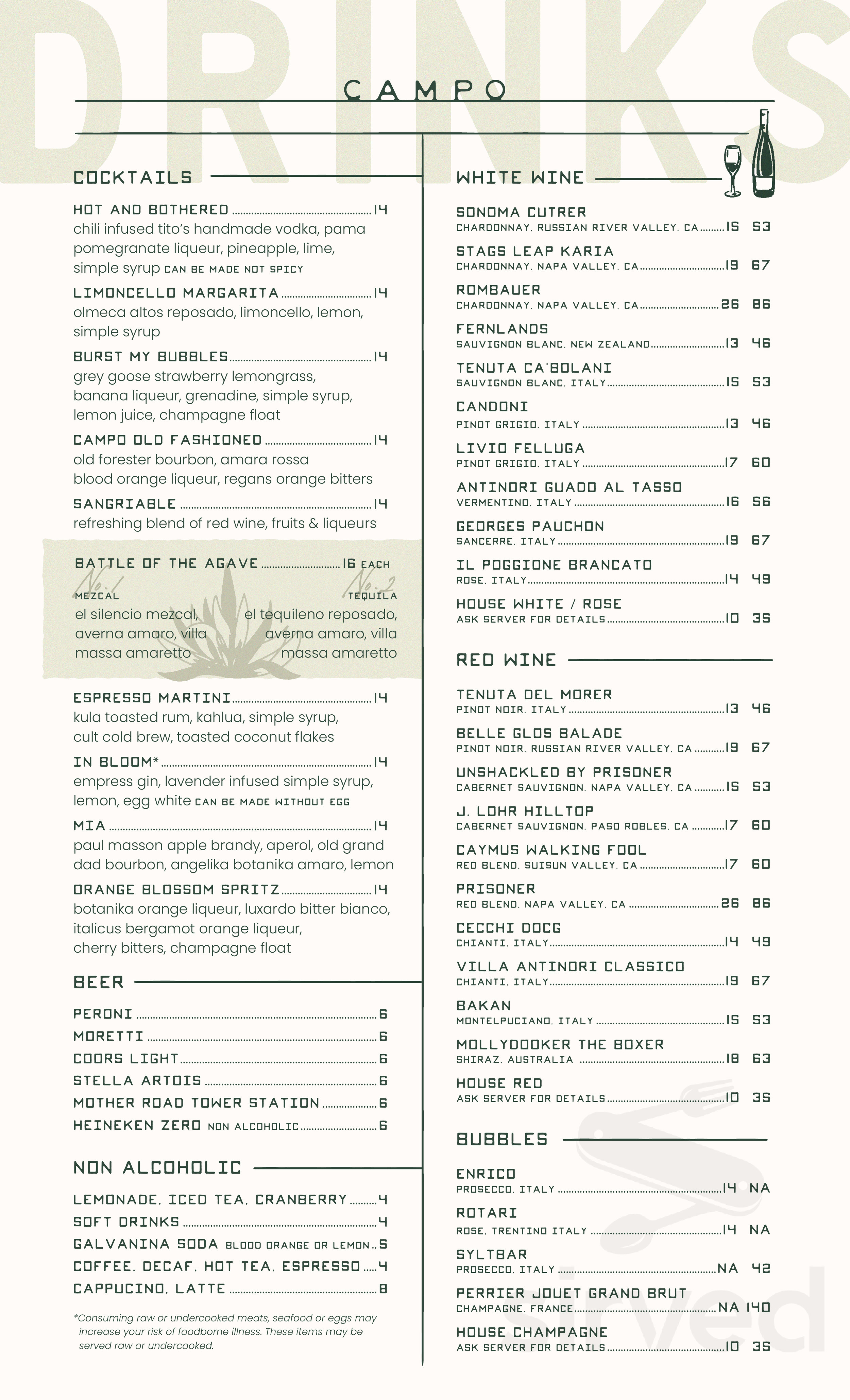 Campo Italian Bistro & Bar menu in Scottsdale, Arizona, USA