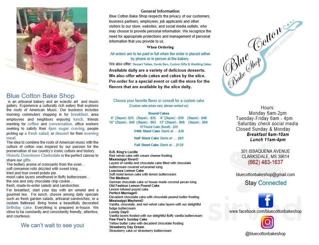 Blue Cotton Bake Shop menus in Clarksdale, Mississippi, United States