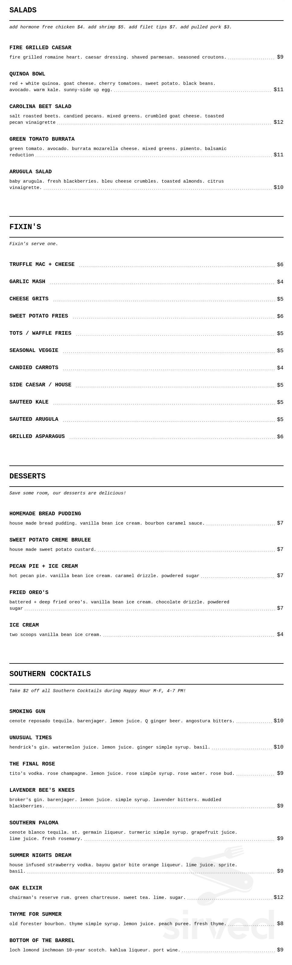 Original American Kitchen (OAK) menu in Gainesville, Florida, USA