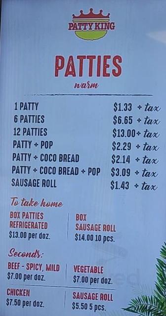 Patty King menu in Scarborough, Ontario, Canada