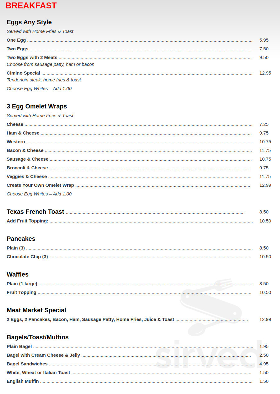 Cimino's Cafe menu in Winthrop, Massachusetts, USA
