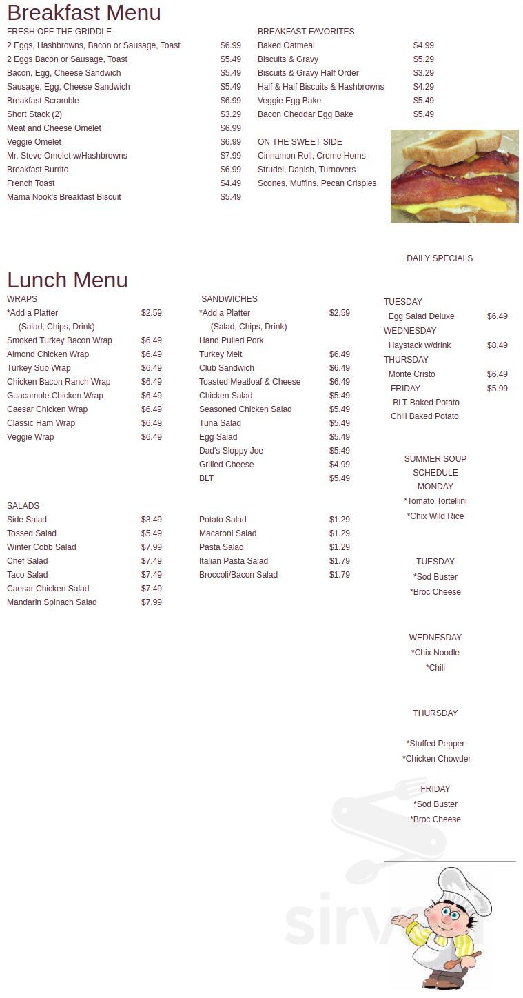 Menu for Baker's Nook Cafe in Elkhart, IN | Sirved