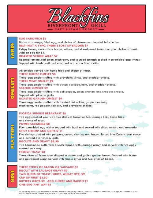 Capt Hirams Resort menu in Sebastian, Florida, USA