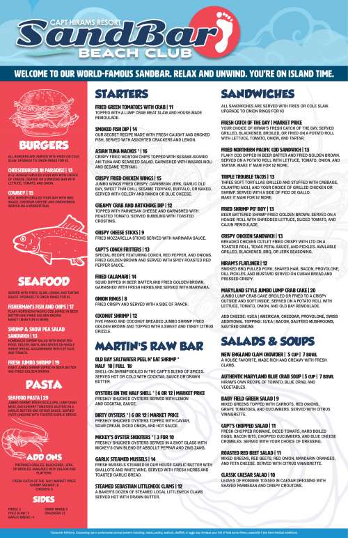 Capt Hirams Resort menu in Sebastian, Florida, USA