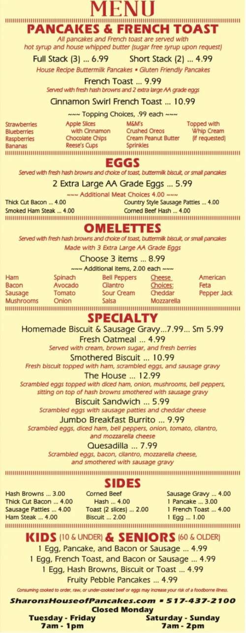 Sharon's House of Pancakes menu in Hillsdale, Michigan, USA