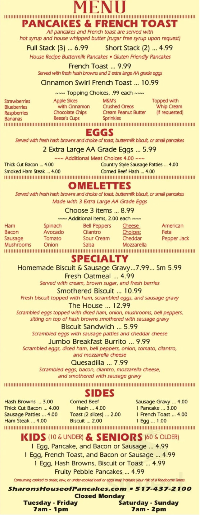 Sharon's House of Pancakes menu in Hillsdale, Michigan, USA
