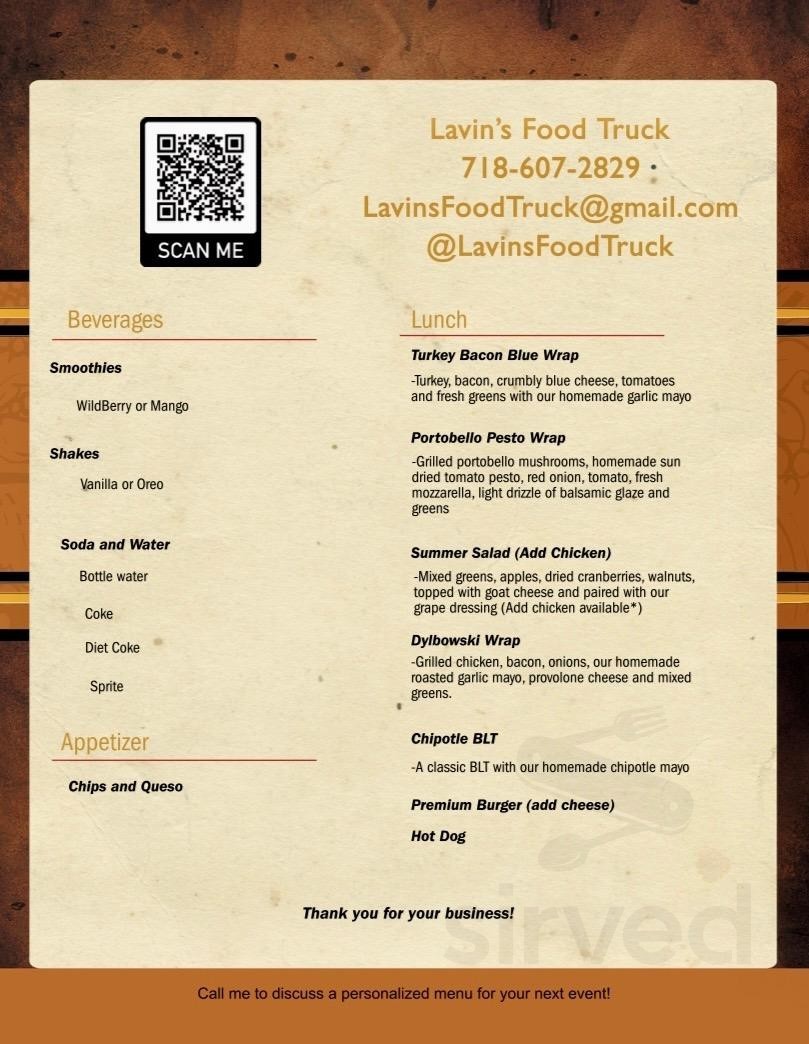 Menu for Lavin’s Food Truck in Clarence Center, NY | Sirved