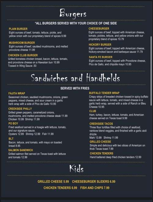 Creekside menu in Florence, South Carolina, USA