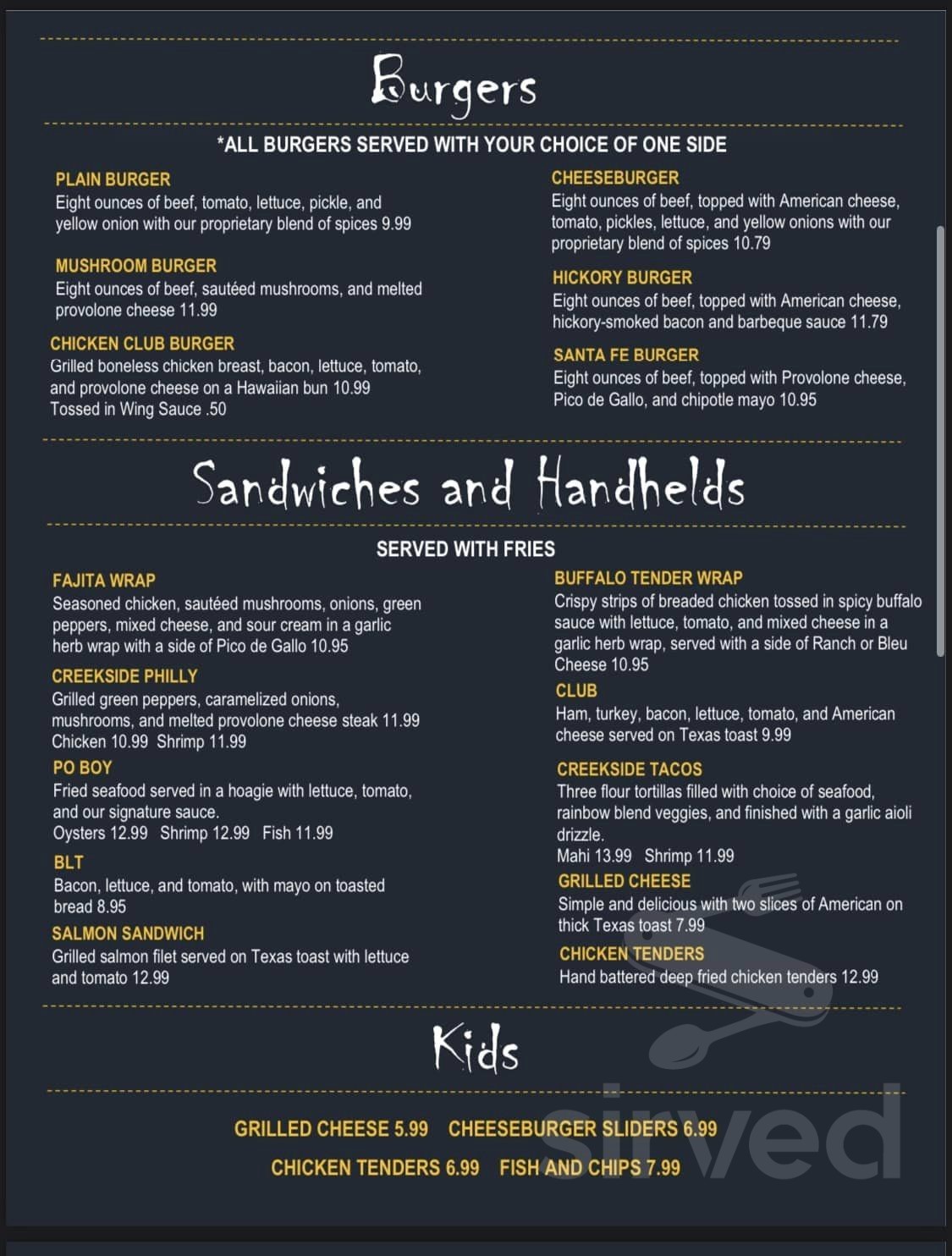 Menu for Creekside in Florence, SC | Sirved