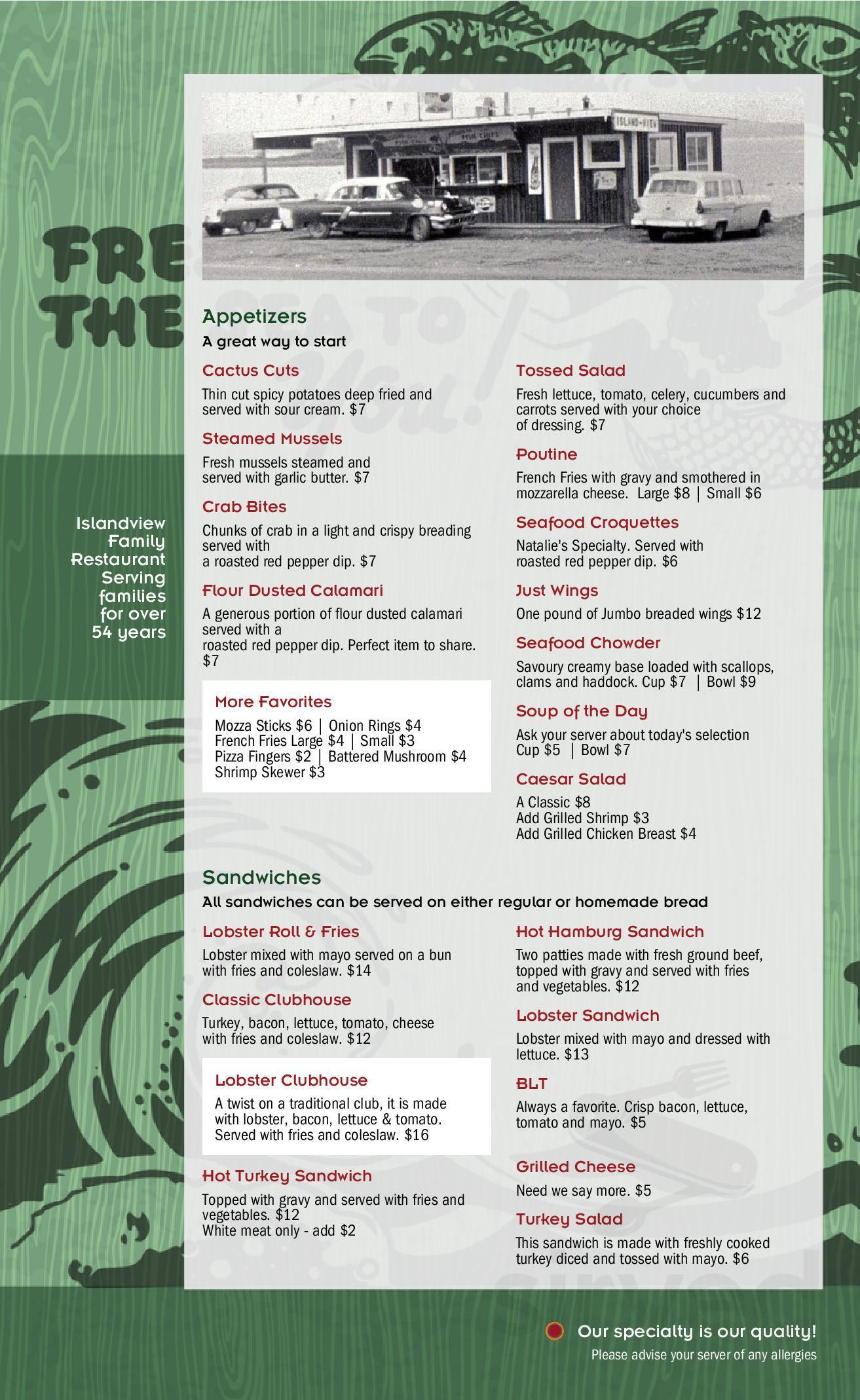 Island View Restaurant menus in Western Shore, Nova Scotia, Canada