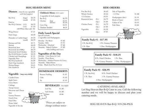 Hog Heaven Bar-B-Q menu in Durham, North Carolina, USA