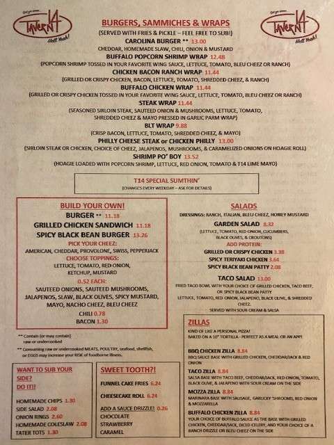 Tavern 14 menu in Wilmington, North Carolina, USA