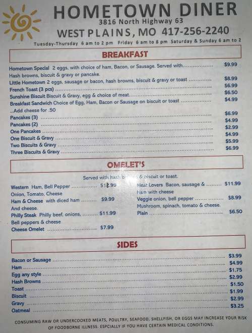 Hometown Diner menu in West Plains, Missouri, USA