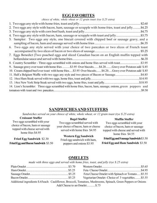 Lion's Pride Restaurant menu in Red Lion, Pennsylvania, USA