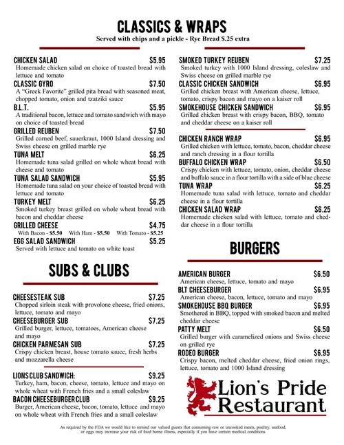 Lion's Pride Restaurant menu in Red Lion, Pennsylvania, USA