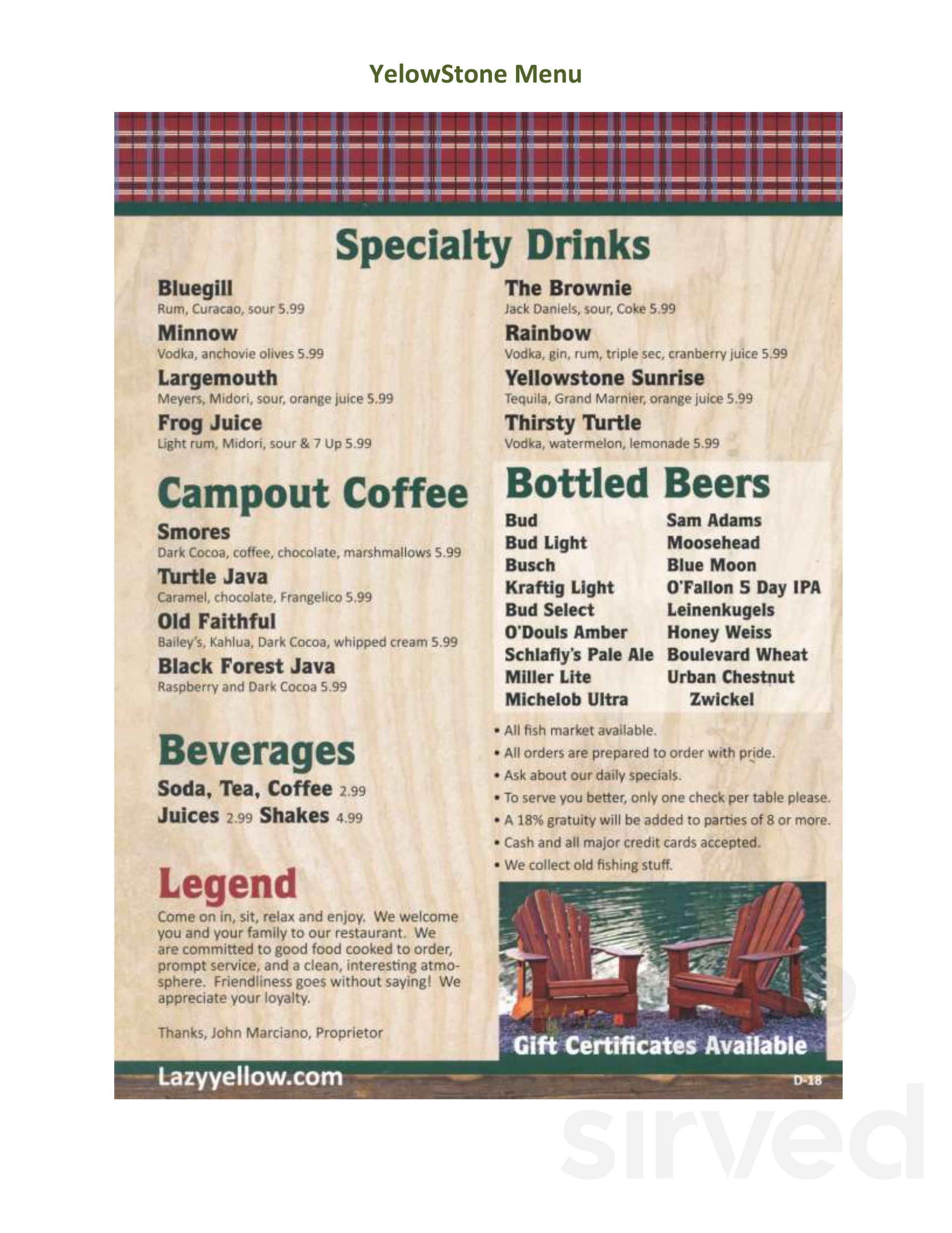 Yellowstone Cafe menu in Town and Country, Missouri, USA