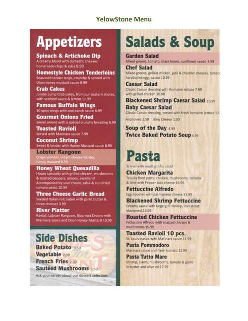 Yellowstone Cafe menu in Town and Country, Missouri, USA
