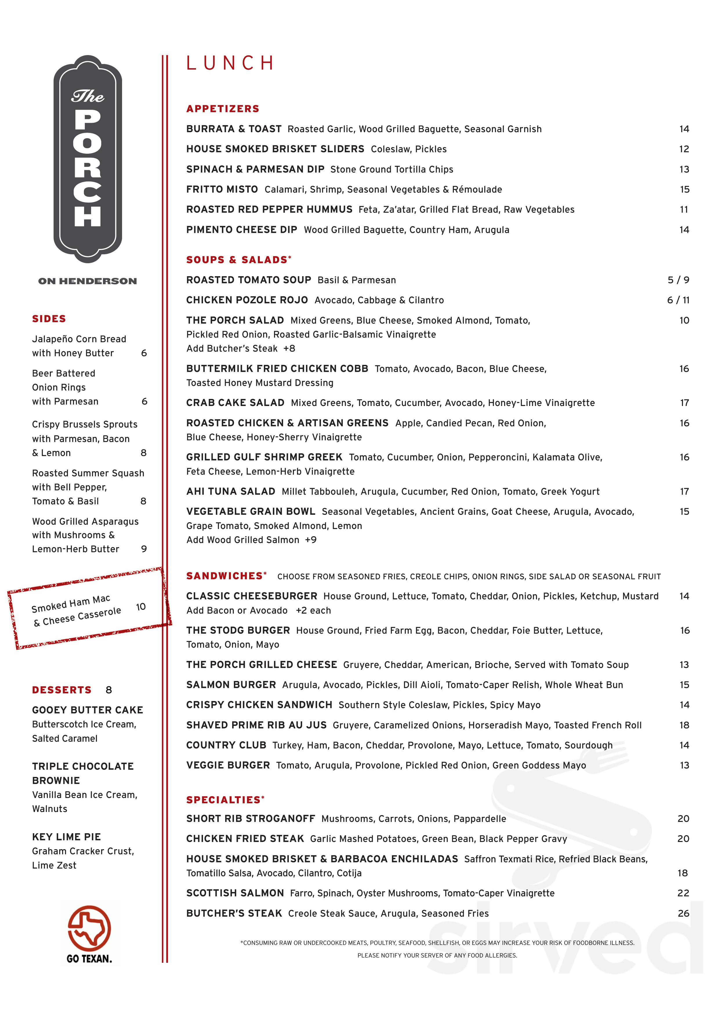The Porch menu in Dallas, Texas, USA