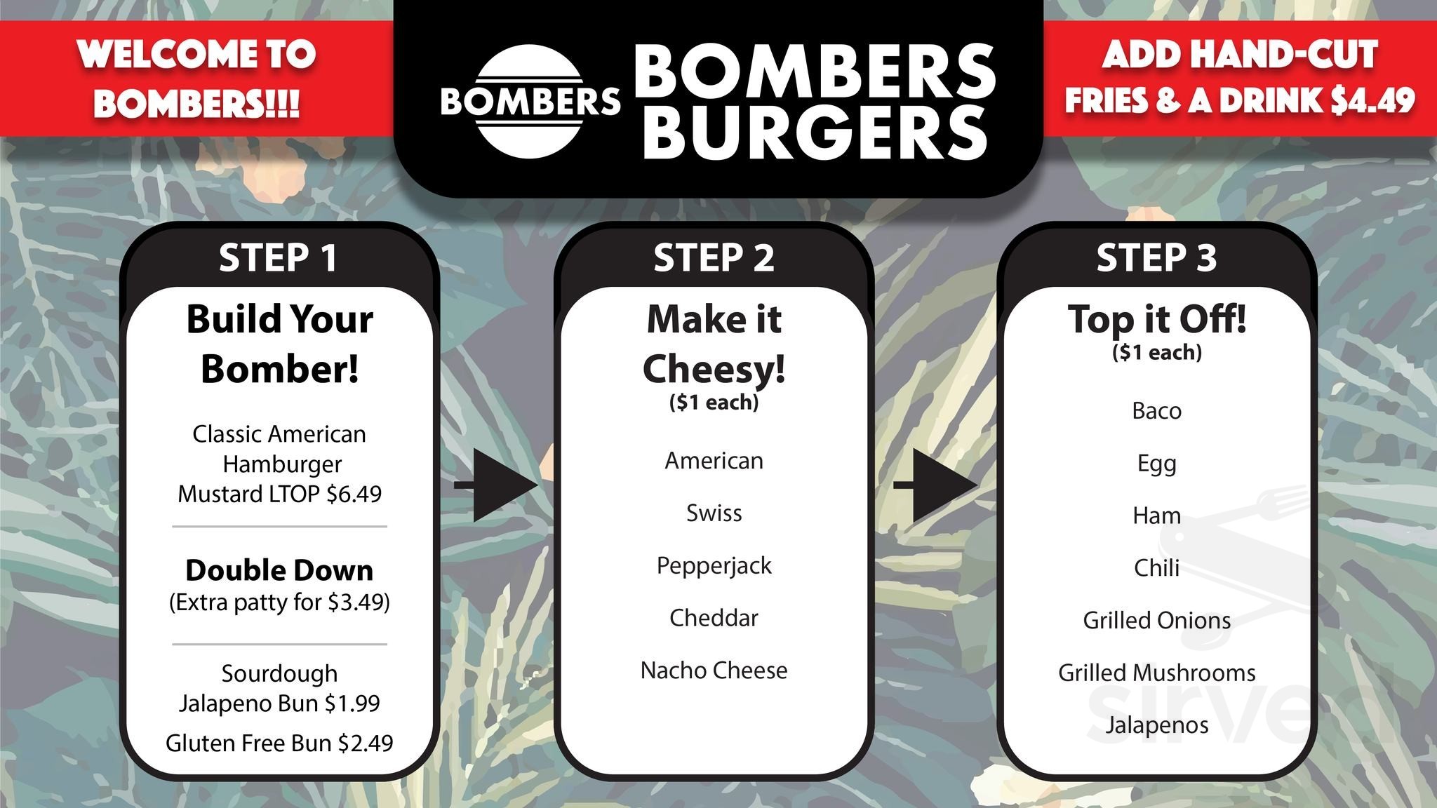 Bombers Burgers menu in Olney, Texas, USA