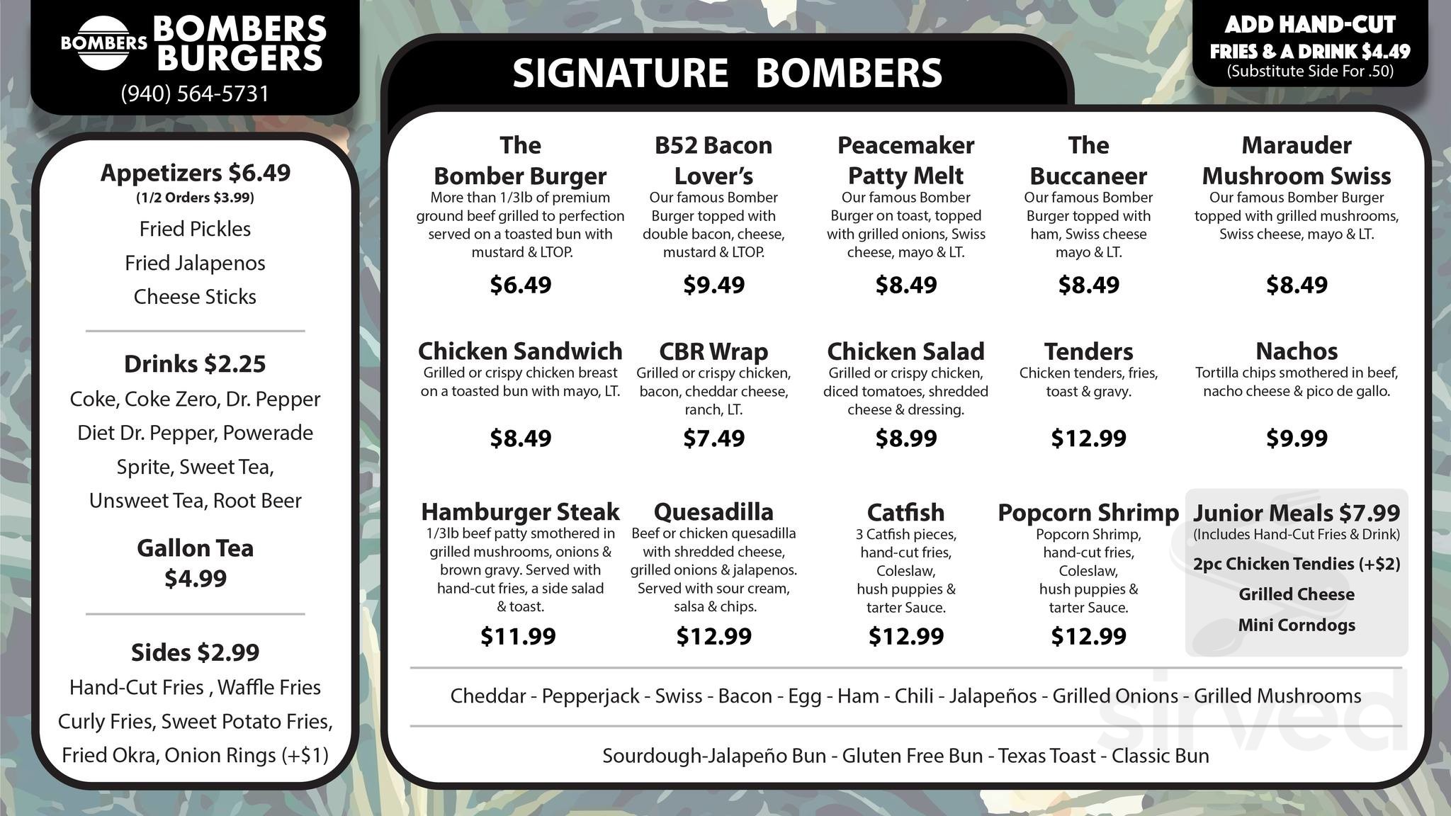 Bombers Burgers menu in Olney, Texas, USA