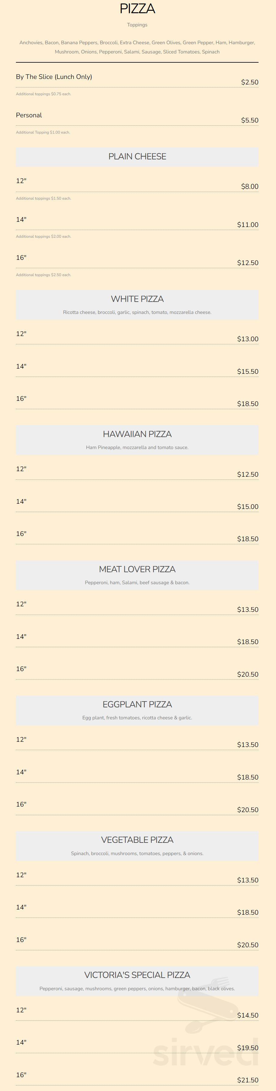 Victoria's Pizza menu in Burlington, North Carolina, USA
