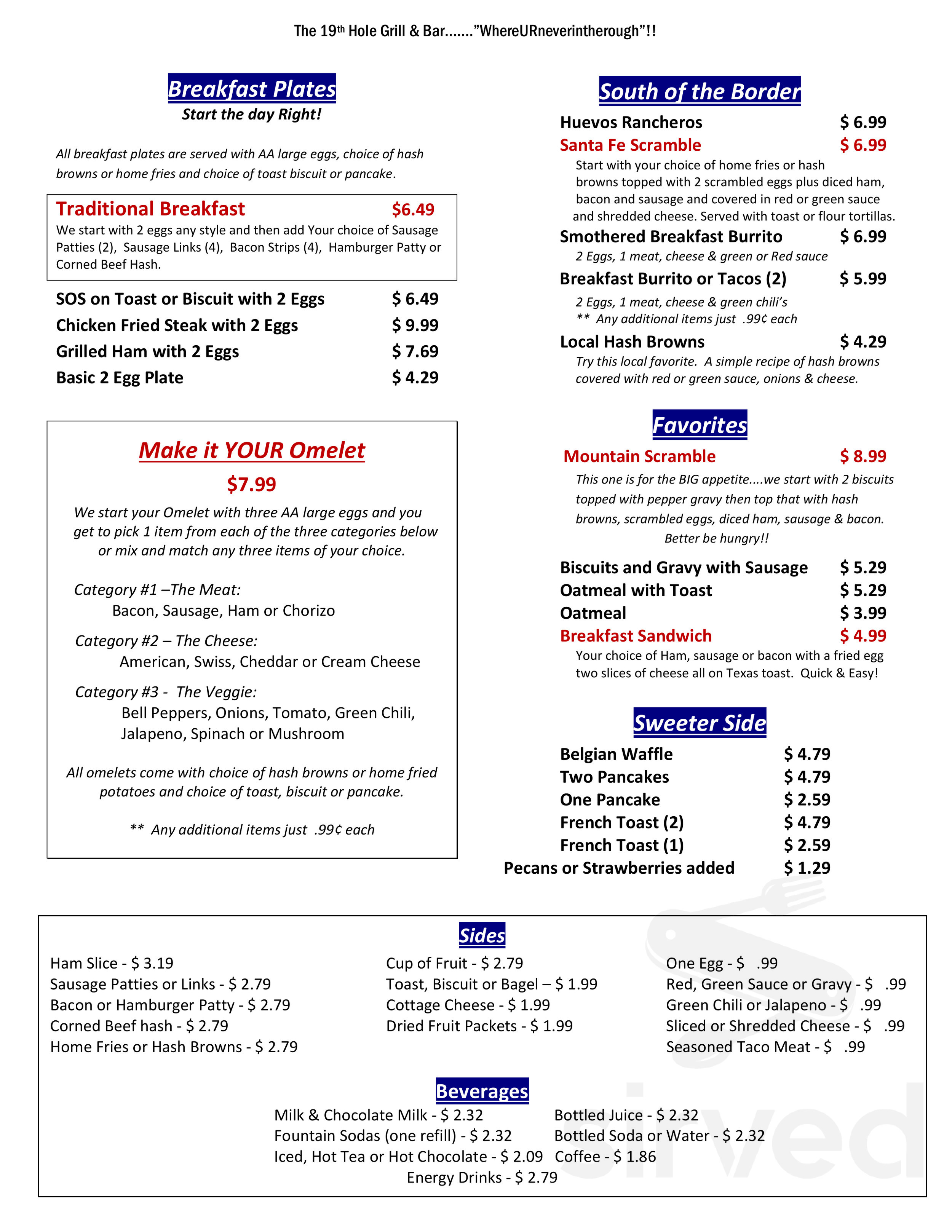 The 19th Hole Grill & Bar menu in Alamogordo, New Mexico, USA