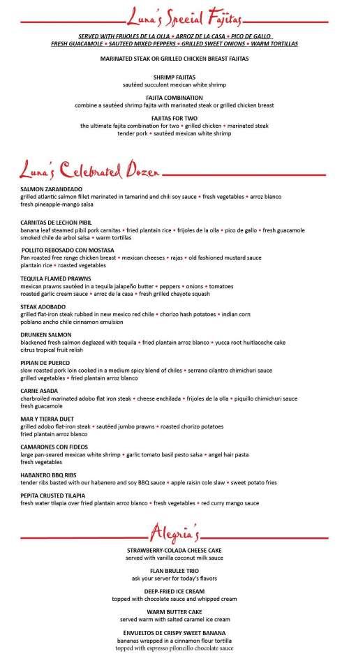 Luna Modern Mexican Kitchen menu in Rancho Cucamonga, California, USA