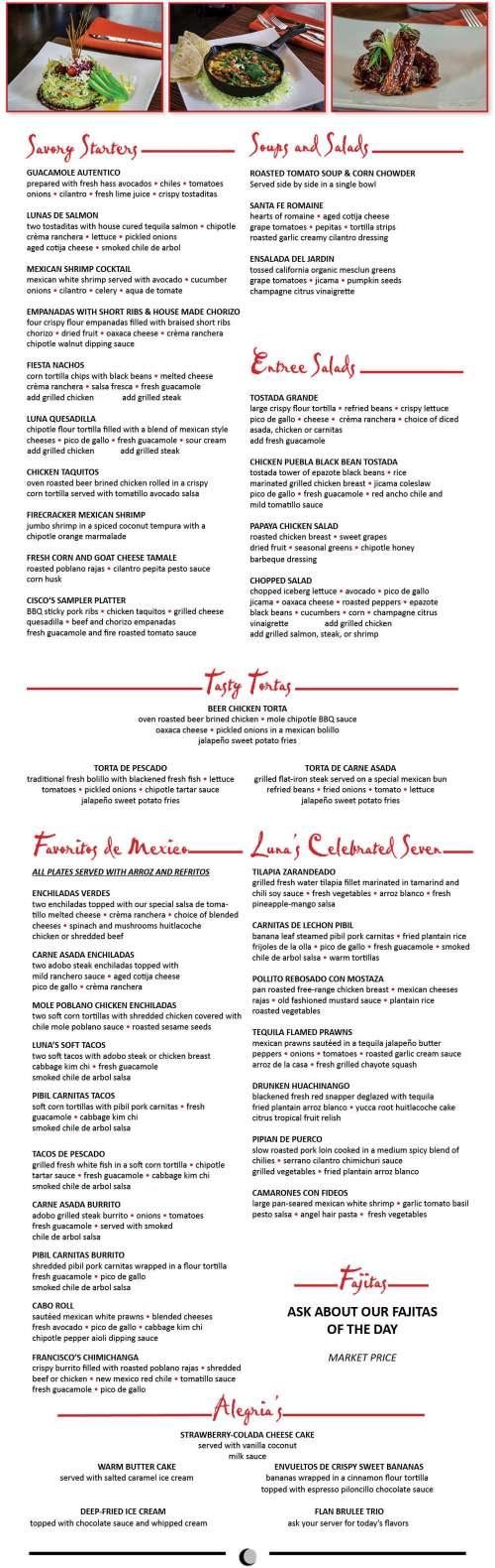 Luna Modern Mexican Kitchen menu in Rancho Cucamonga, California, USA