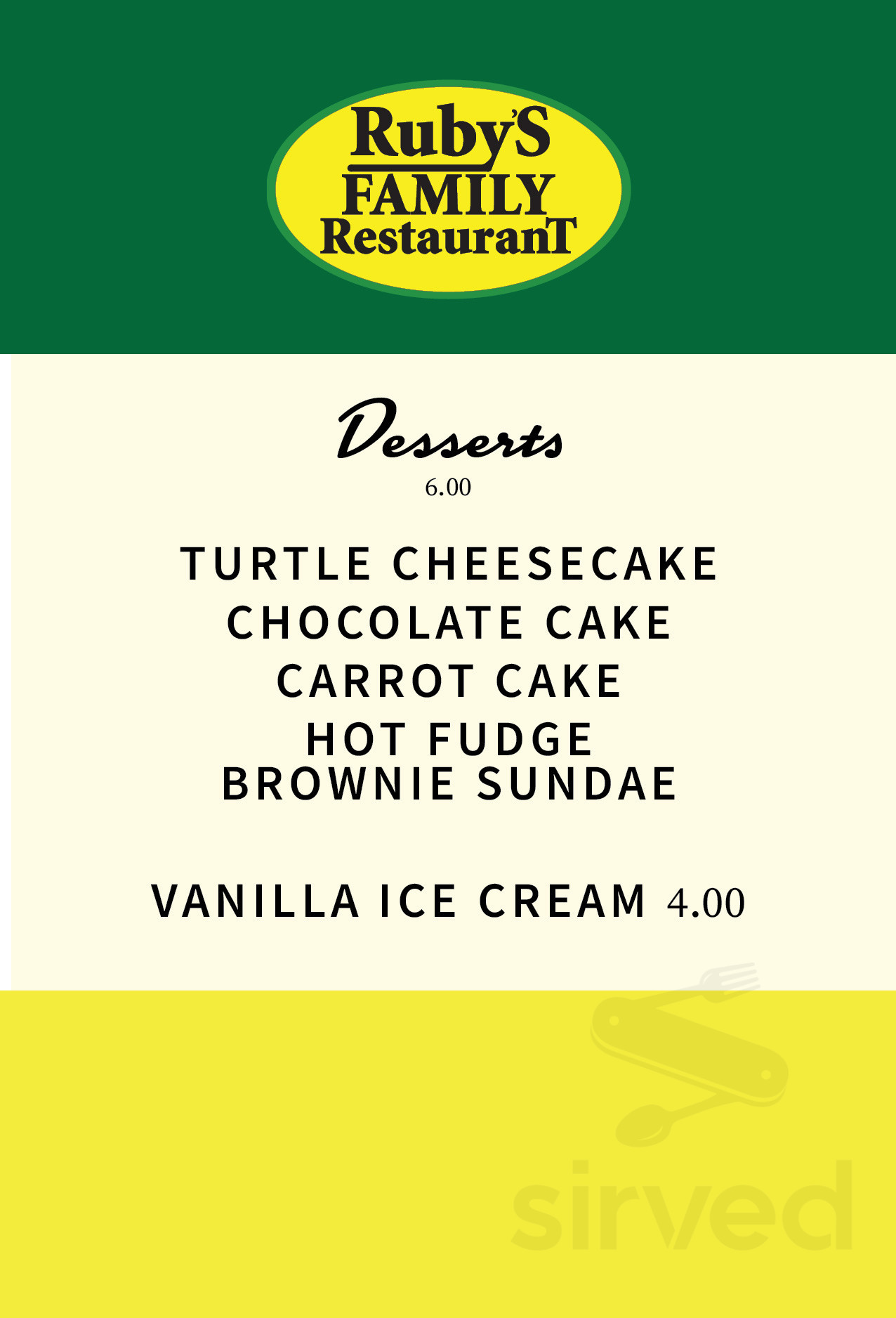 Ruby's Family Restaurant menu in Shakopee, Minnesota, USA