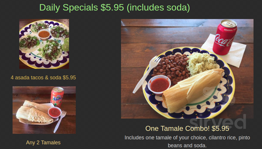 Tamale Factory menu in Gresham, Oregon, USA