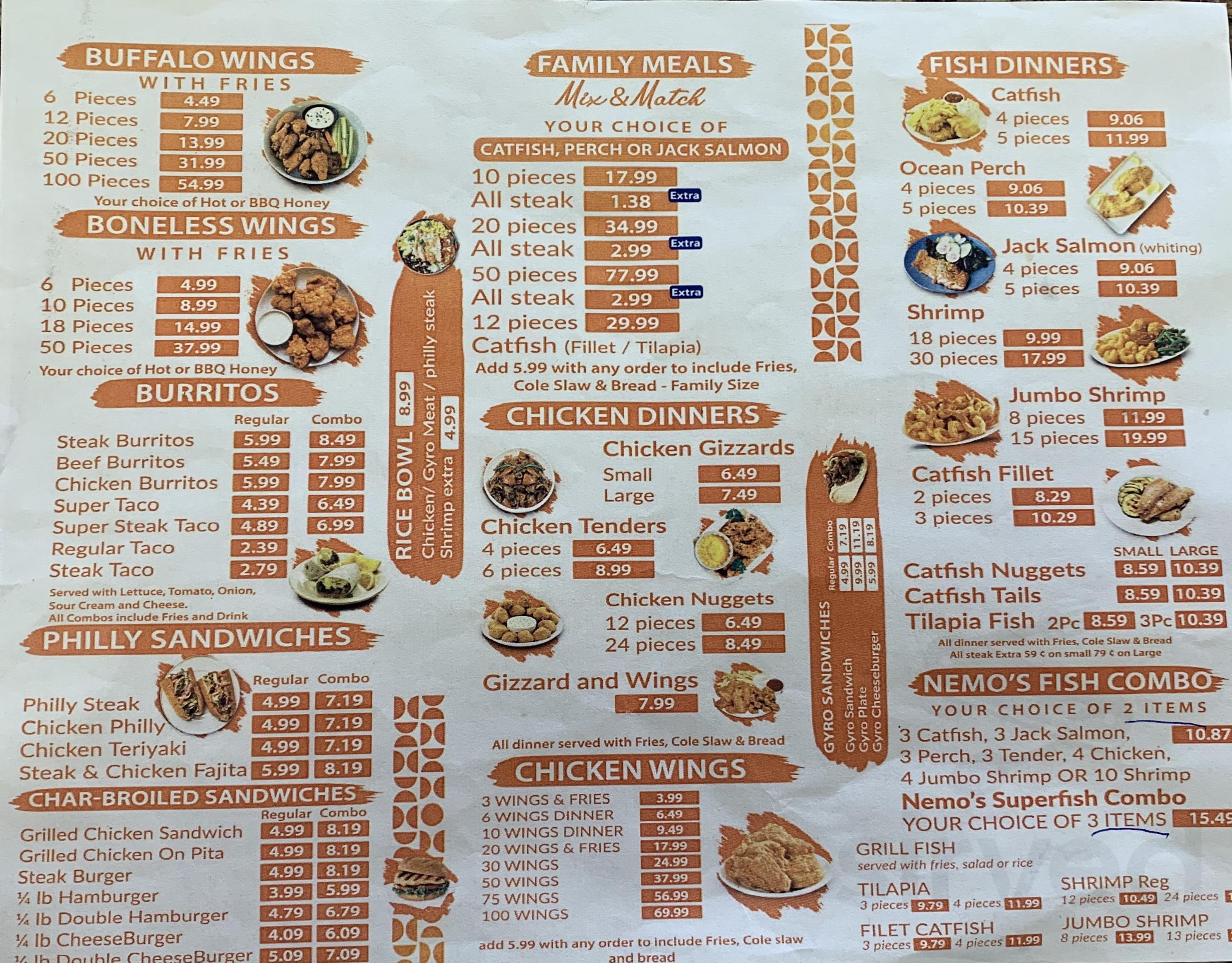 Menu for Nemos Fish Chicken Pizza in Chicago, Illinois, United States