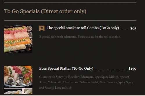 Boss Sushi menu in Beverly Hills, California, USA