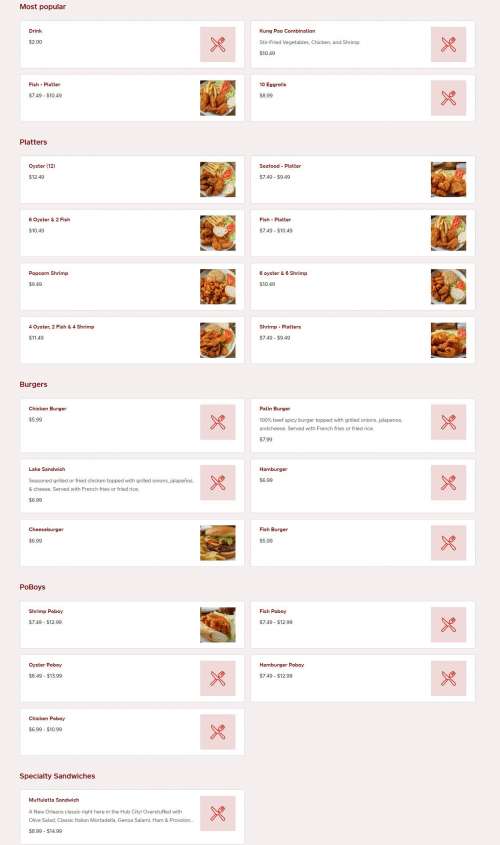 King's Seafood Express menu in Abbeville, Louisiana, USA