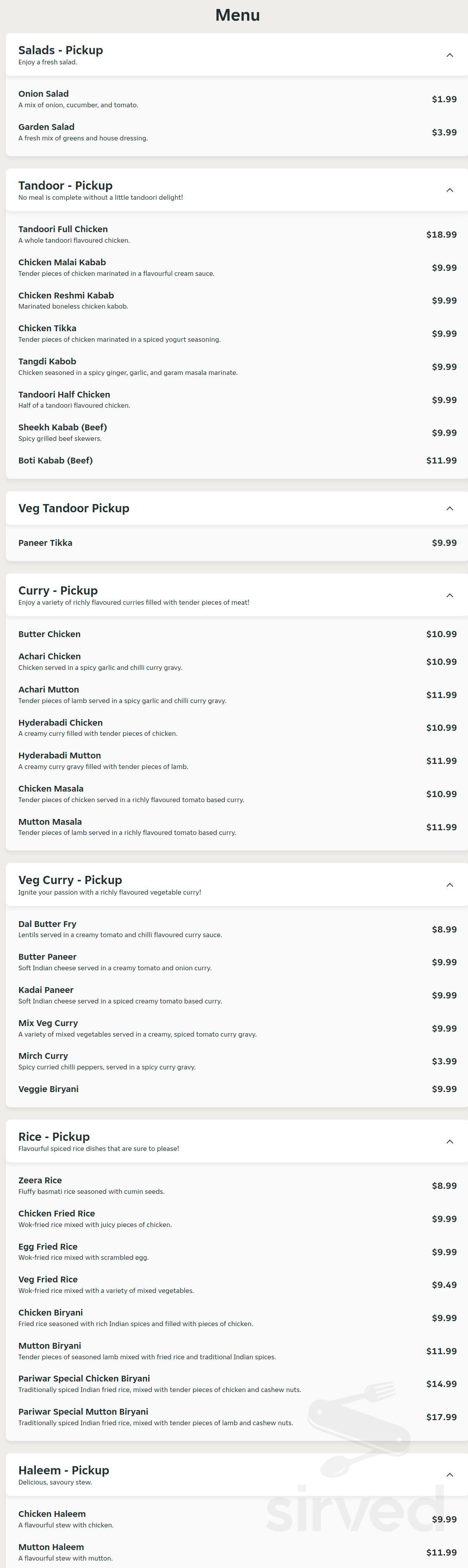 Menu - Scarborough ON's Pariwar House | Sirved