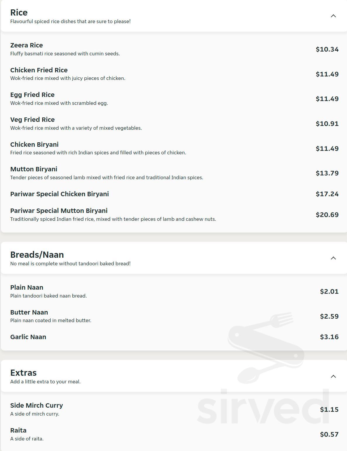 Menu - Scarborough ON's Pariwar House | Sirved