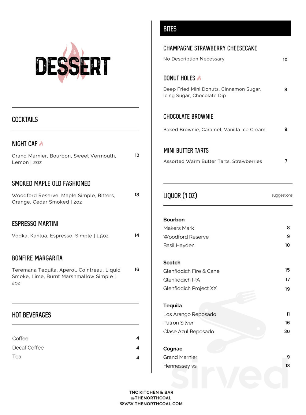 The North Coal Kitchen & Bar menu in Burlington, Ontario, Canada