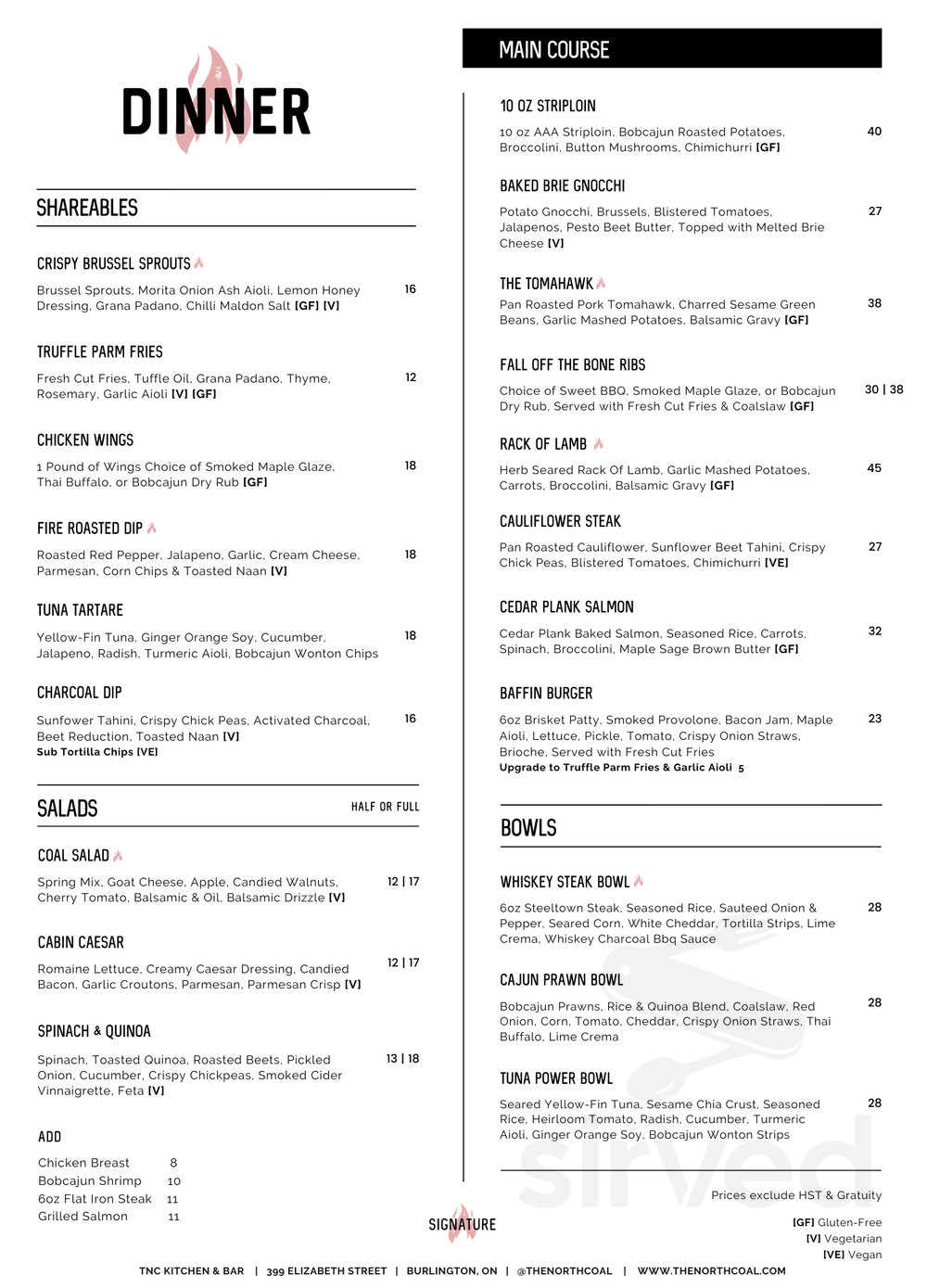 The North Coal Kitchen & Bar menu in Burlington, Ontario, Canada