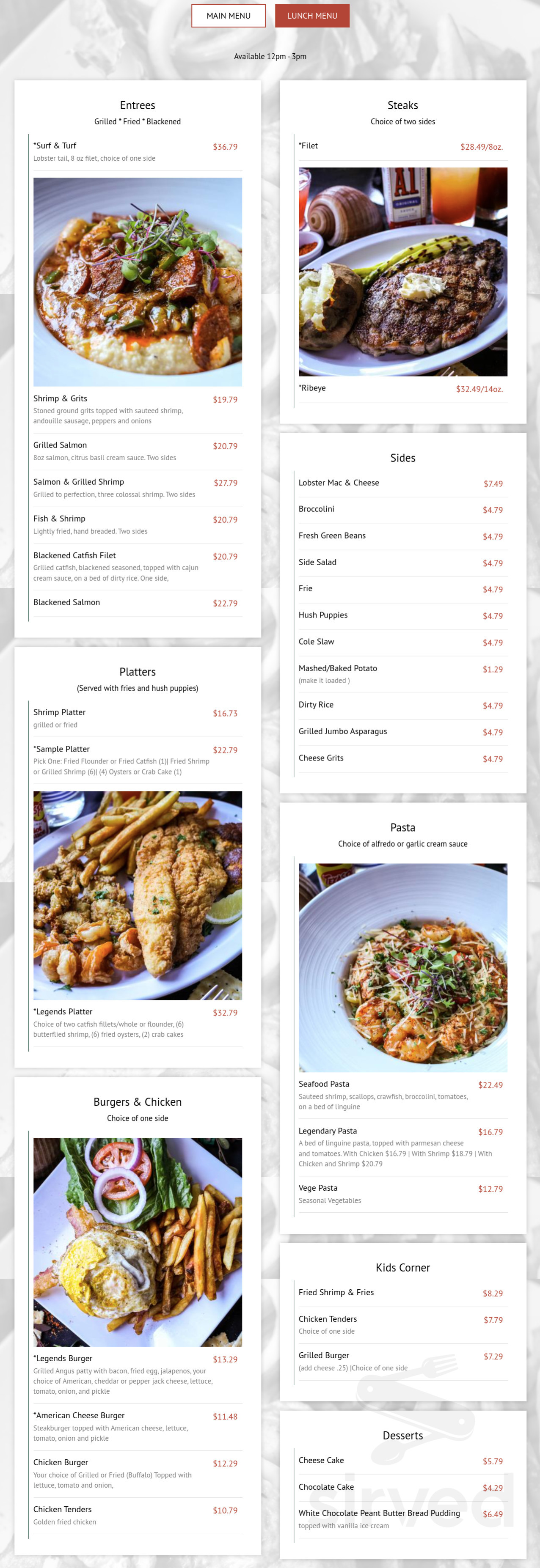 Legends Seafood & Grill menu in Milledgeville, Georgia, USA