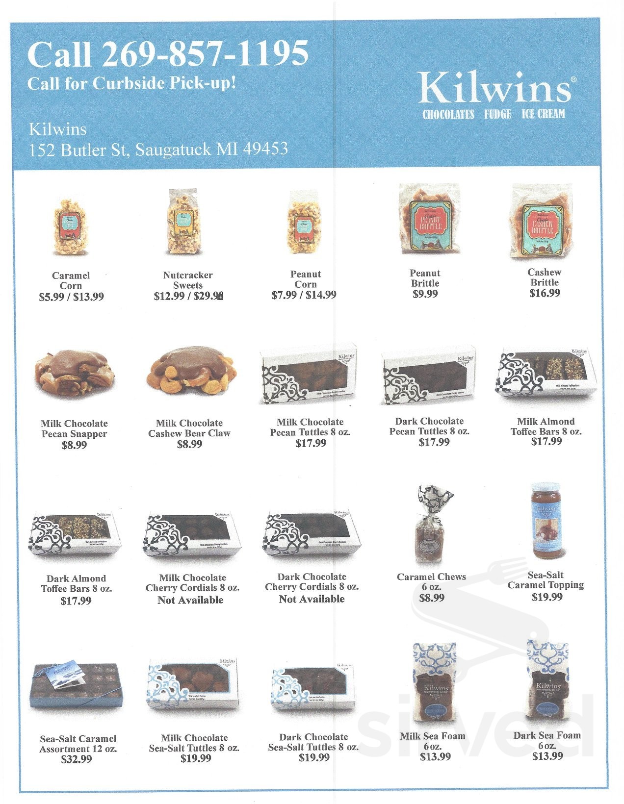 Kilwin's Chocolates menu in Saugatuck, Michigan, USA