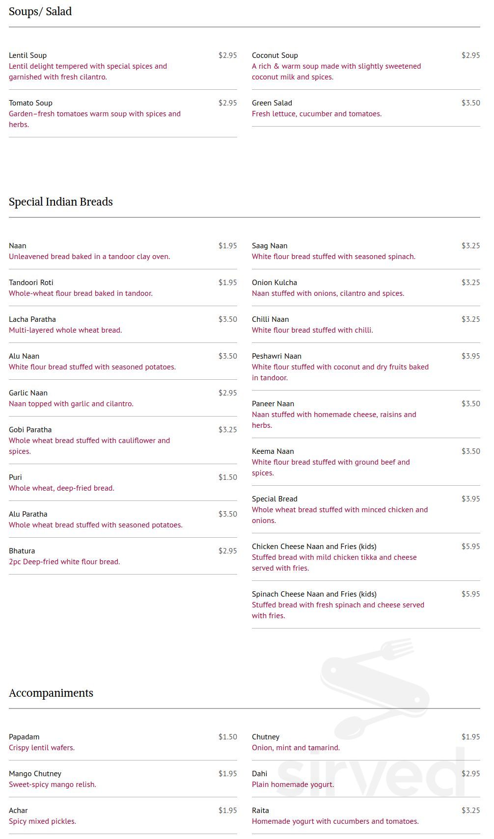 Taj Grill menu in Buffalo, New York, USA