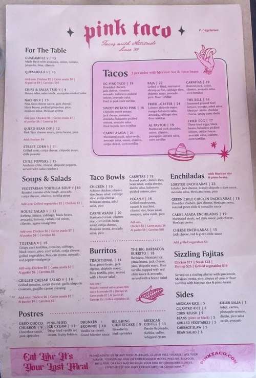 Pink Taco menu in Miami, Florida, USA