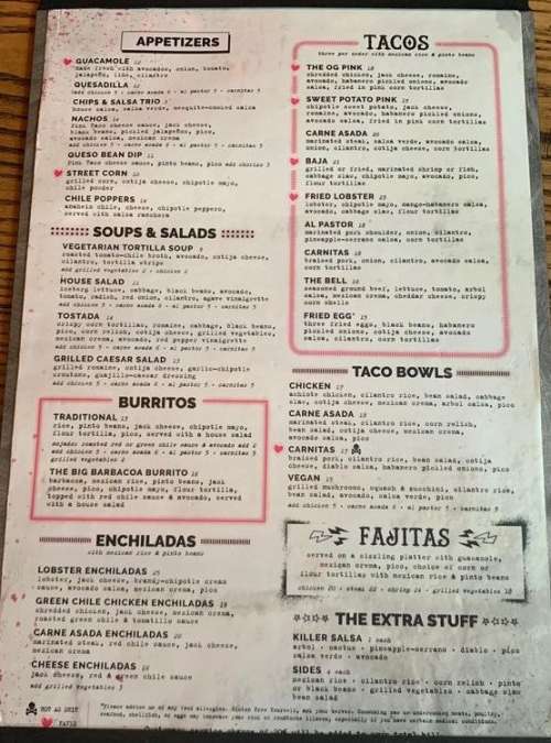 Pink Taco menu in Miami, Florida, USA