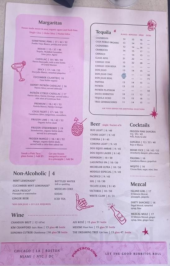 Pink Taco menu in Miami, Florida, USA